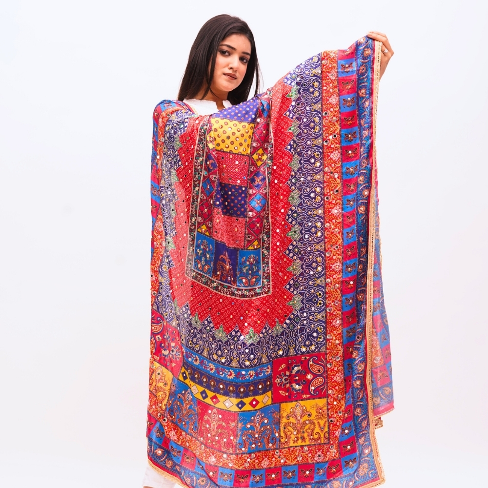 Multicolored digital print dupatta with work