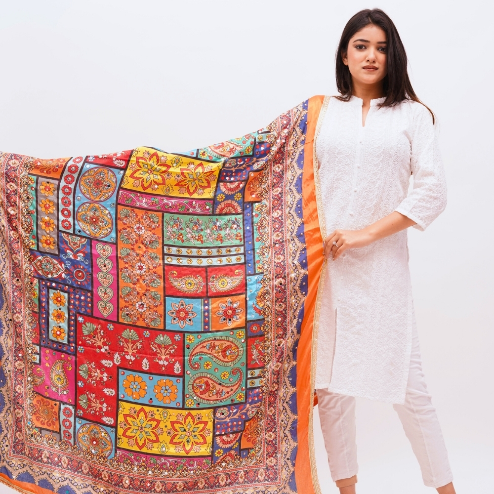 Multicolored digital print dupatta with work