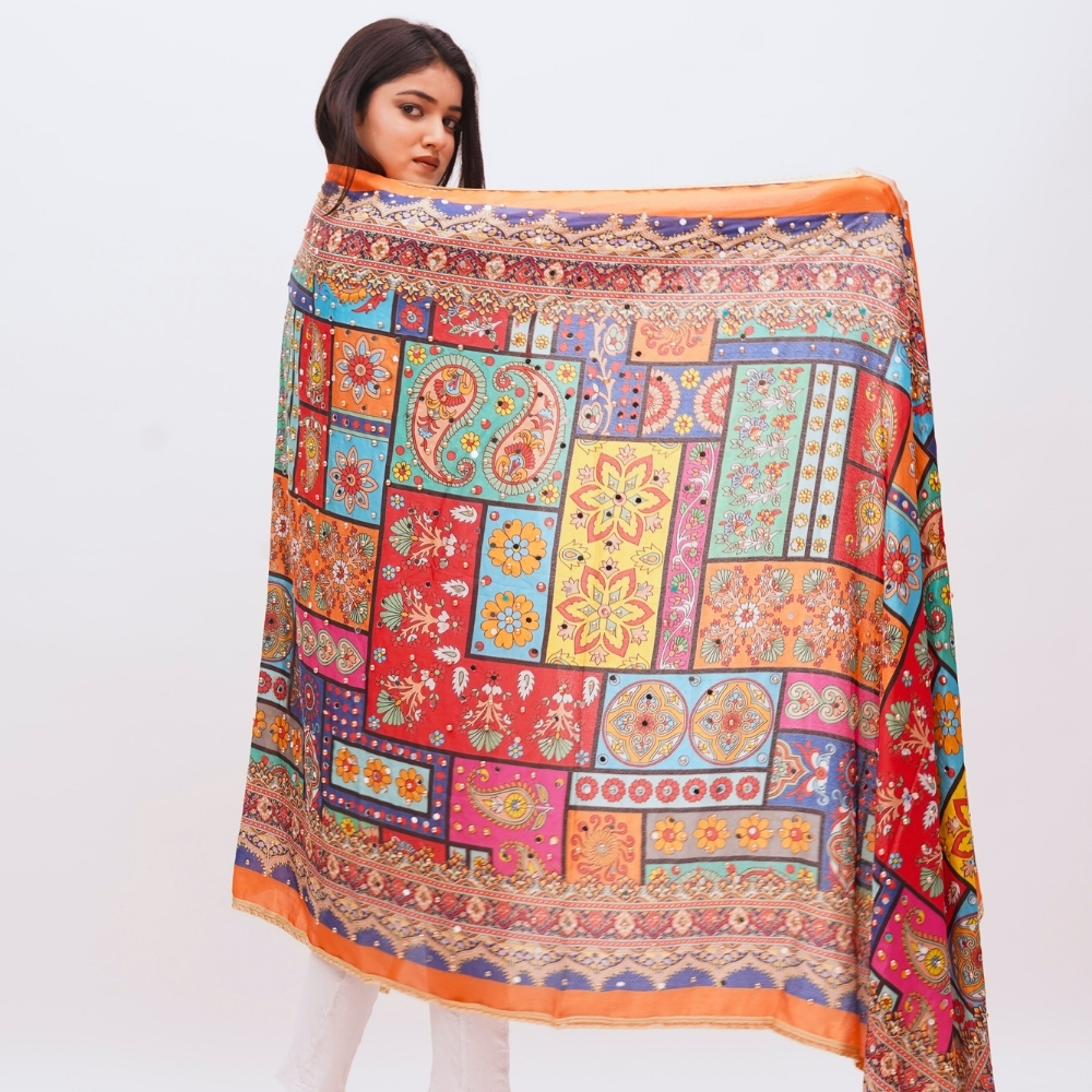 Multicolored digital print dupatta with work